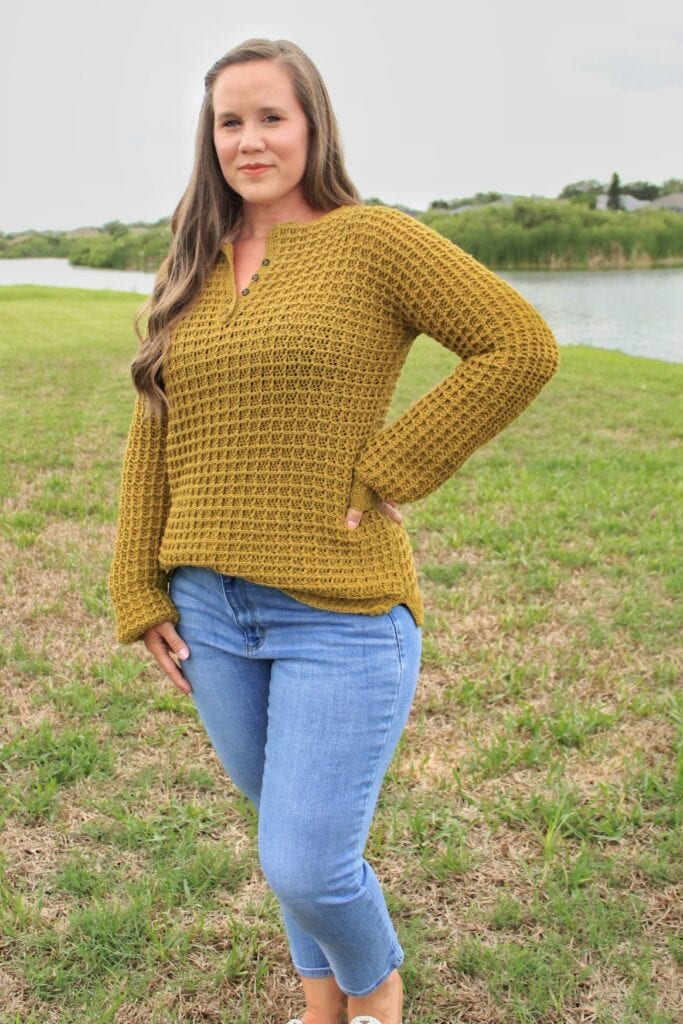 Comfy Crochet Waffle Stitch Sweater Pattern – Apricity Henley - Two ...